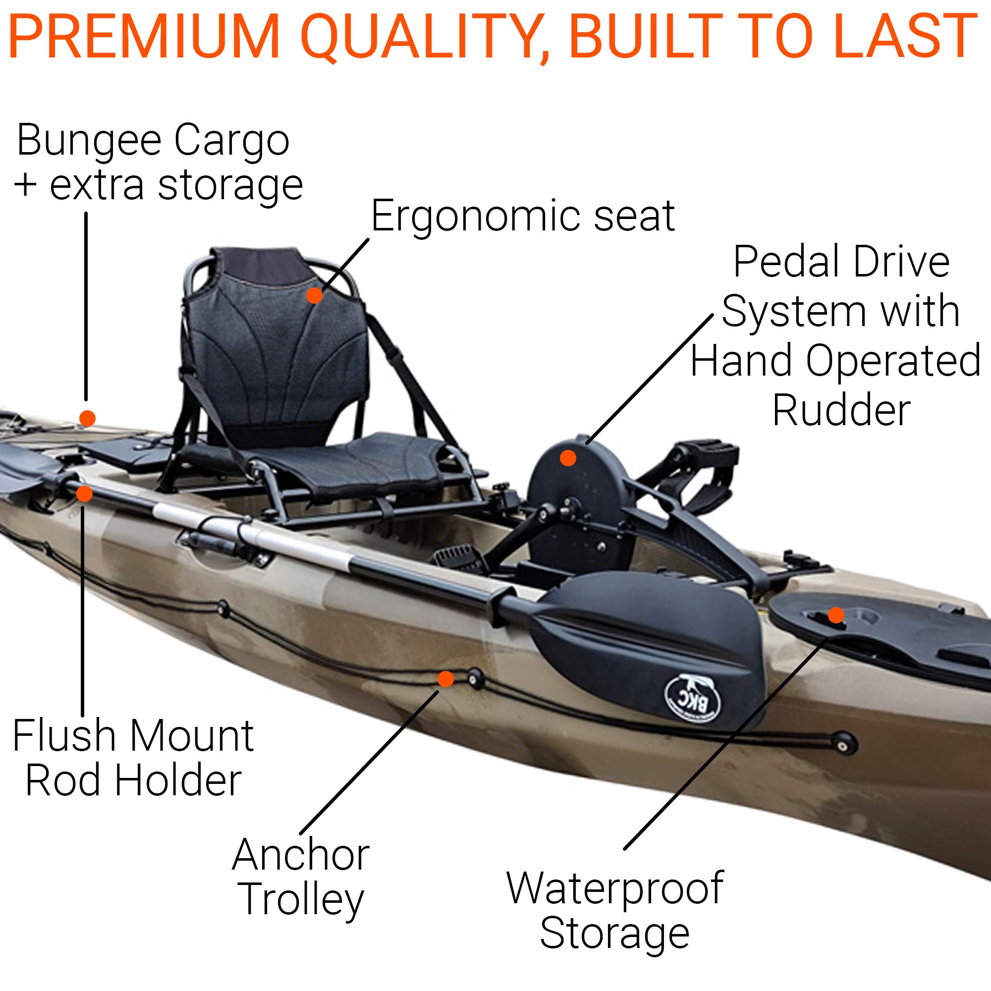 BKC PK12 Angler 12' Solo Sit-On-Top Fishing Kayak, Propeller-Drive w/Instant Reverse Pedal Drive, Rudder System, Paddle, and Upright Aluminum Frame Backrest Support Seat