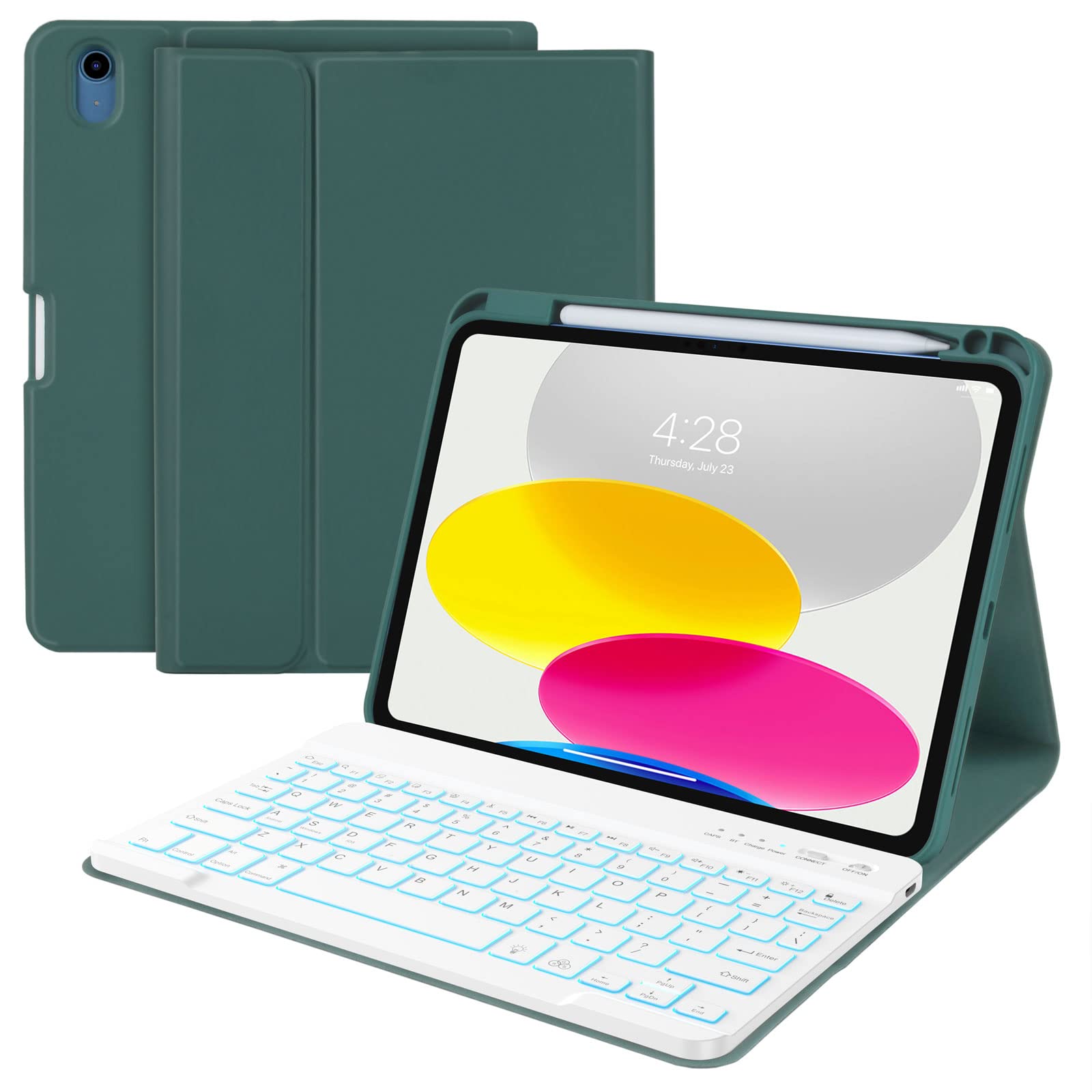 COO 10th Generation Case with Keyboard (10.9 inch, 2022), 7 Color Backlit Keyboard Case for 10th Generation, Folio Stand Case for 10th Gen with Detachable Keyboard&Pencil Holder (Green)