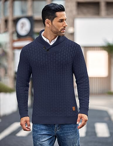 COOFANDY Men's Shawl Collar Sweaters V-Neck Relaxed Fit Basket Knitted Pullovers Navy Blue