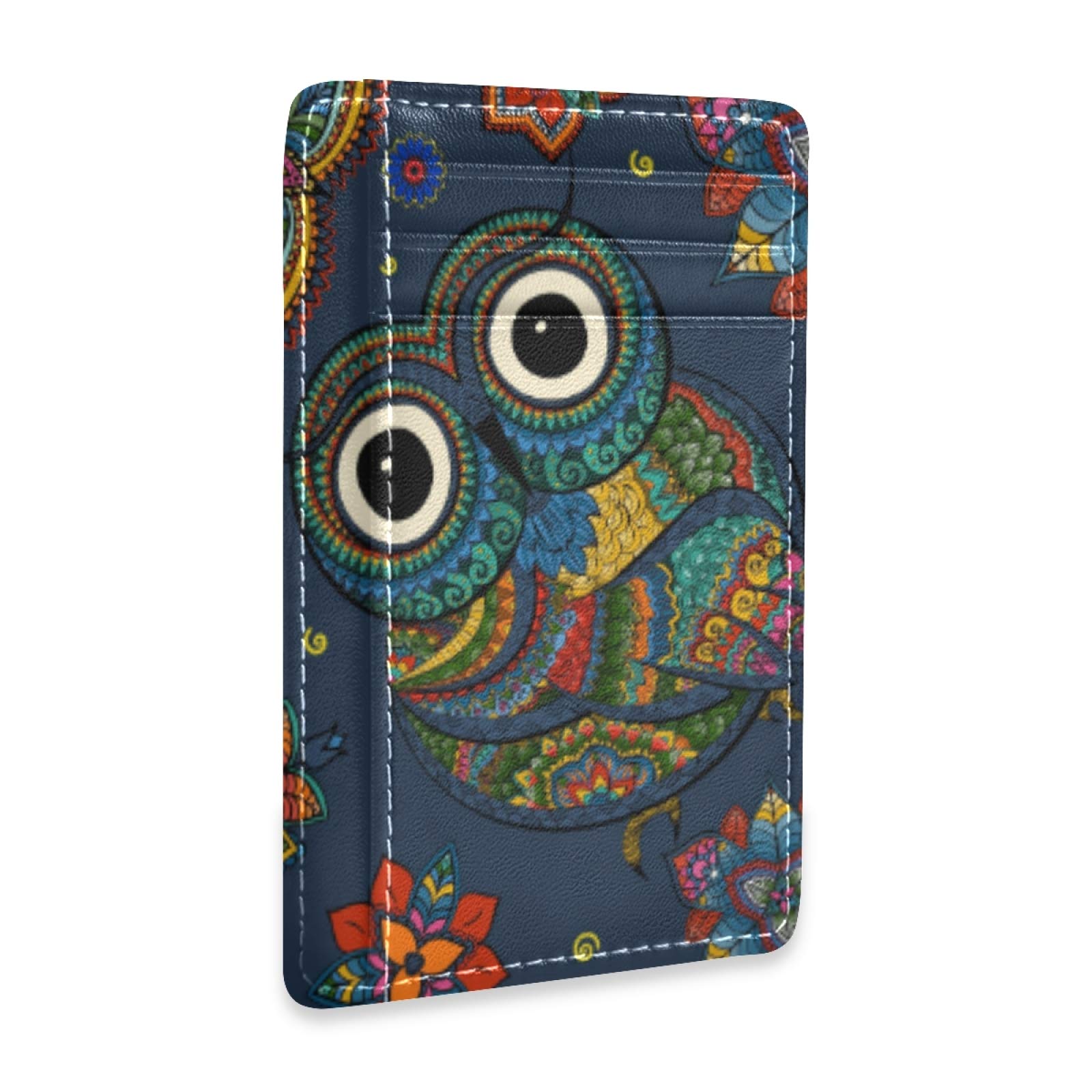 Linomo Thin leather Card Holder and Money Clip Ethnic Owl Flower Wallet RFID Blocking for Men & Women