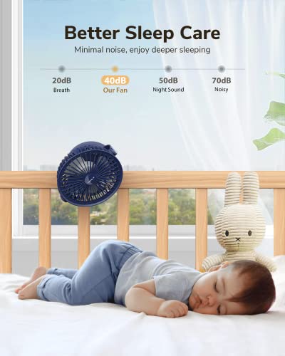 CAFELE Stroller Clip on Fan, 【Ultra Quiet】 Rechargeable Battery Operated Personal Fan Strong Airflow, 4 Speeds Max 24Hrs 6-inch Small Portable Fan for Bed Desk Car Seat White Blue