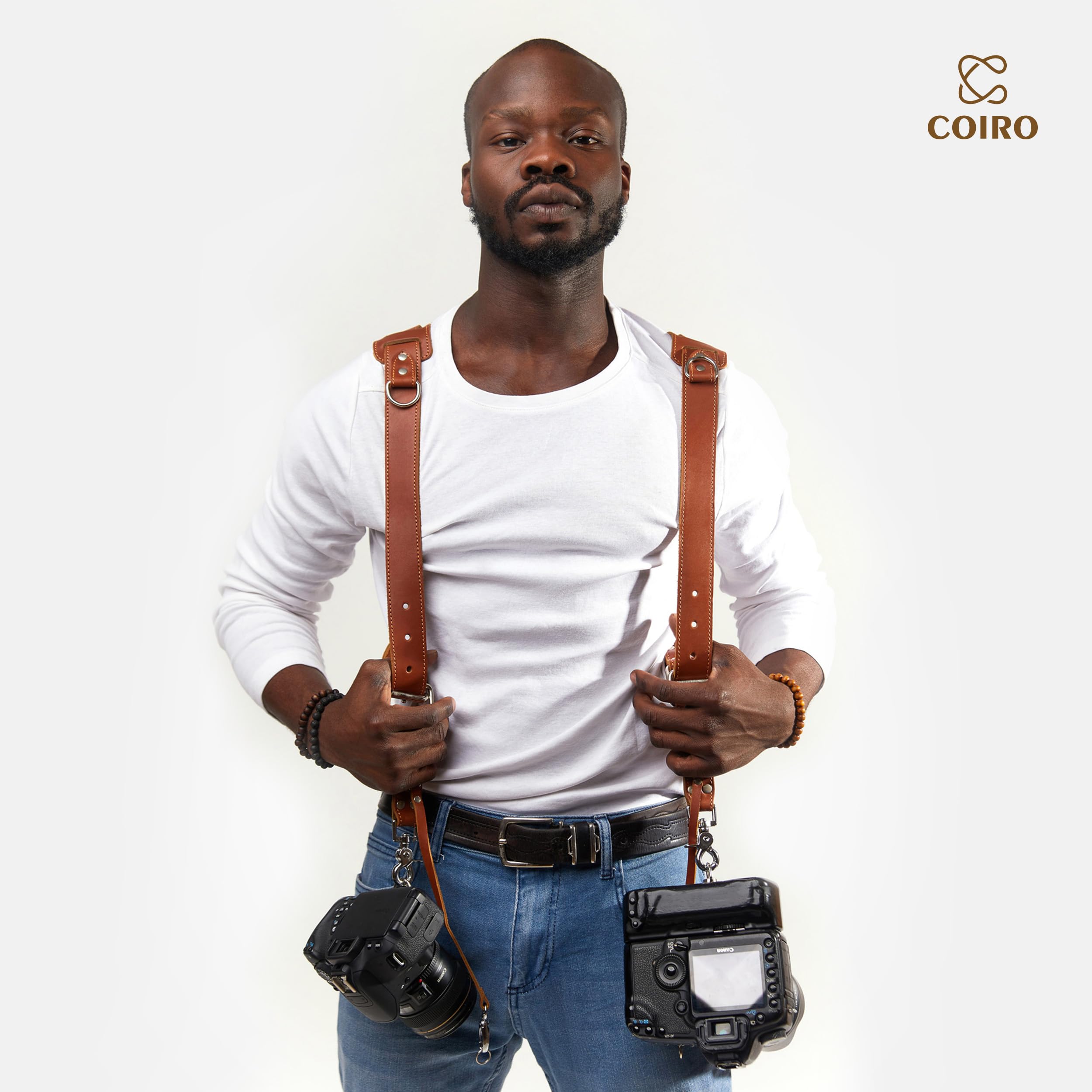 C Coiro Camera Harness for 2 Cameras β Dual Shoulder Leather Camera Strap β Double Camera Harness for DSLR/SLR, Camera Straps for Photographers of All Levels, Padded Straps/Color Tan