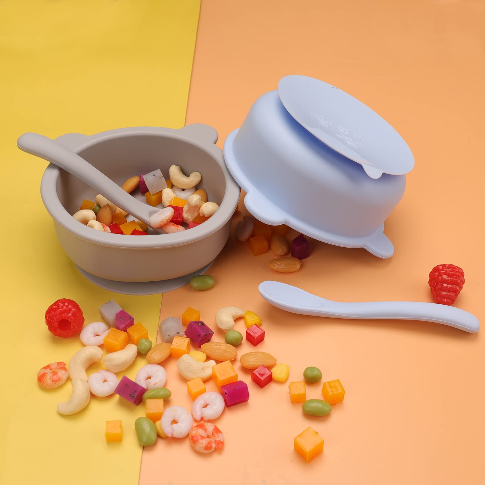 btrfe Silicone Baby Bowls with Suction | 2 Pack Toddler Bowls and Spoons | Baby Feeding Set | Dishwasher & Microwave Safe BPA Free (Dark Gray + Turmeric)