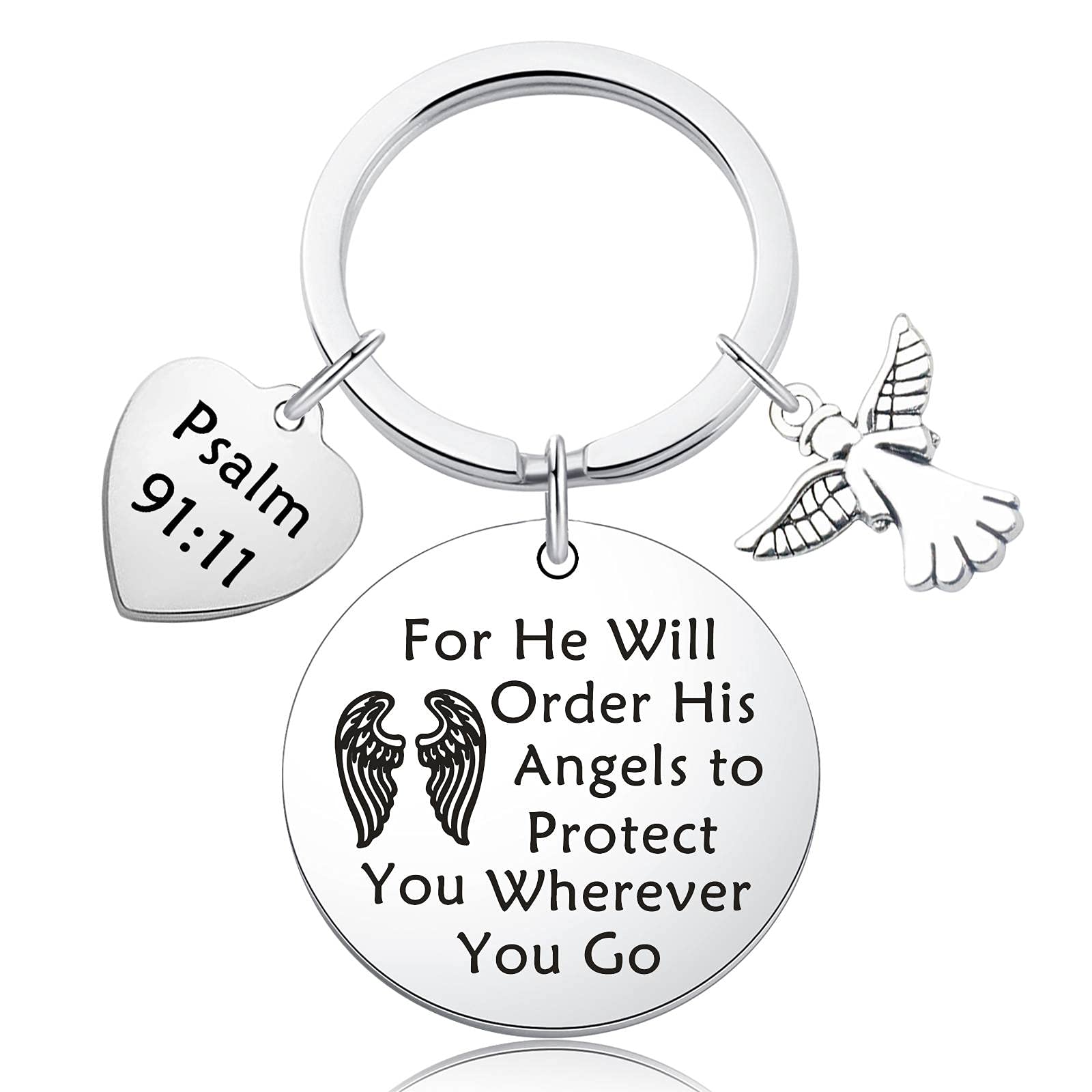 Bible Verse Keychain for He Will Order His Angels to Protect You Wherever You Go Religious Jewelry Christian Gift (silver)