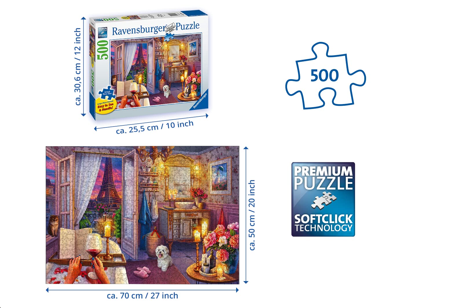 Ravensburger Cozy Bathroom Jigsaw Puzzle - 500 Piece Large Format | Adult Friendly | Unique Softclick Technology Vibrant & Glare-Free | FSC-Certified Sustainable Product