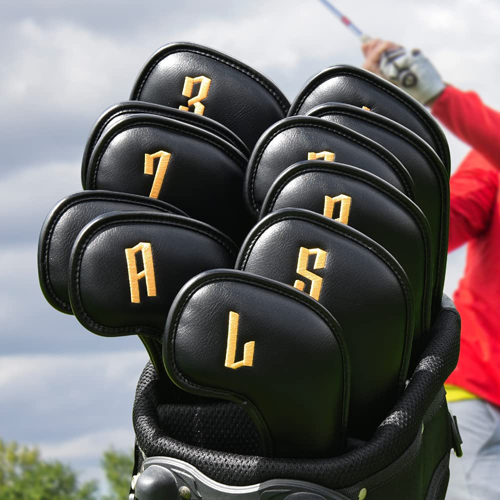Black 11pcs Golf Iron Covers Long Neck Iron Head Covers, Golf Head Covers Black Leather Iron Covers, Golf Club Covers with Yellow No. Fit Taylormade M2 Callaway Rogue X Ping G710