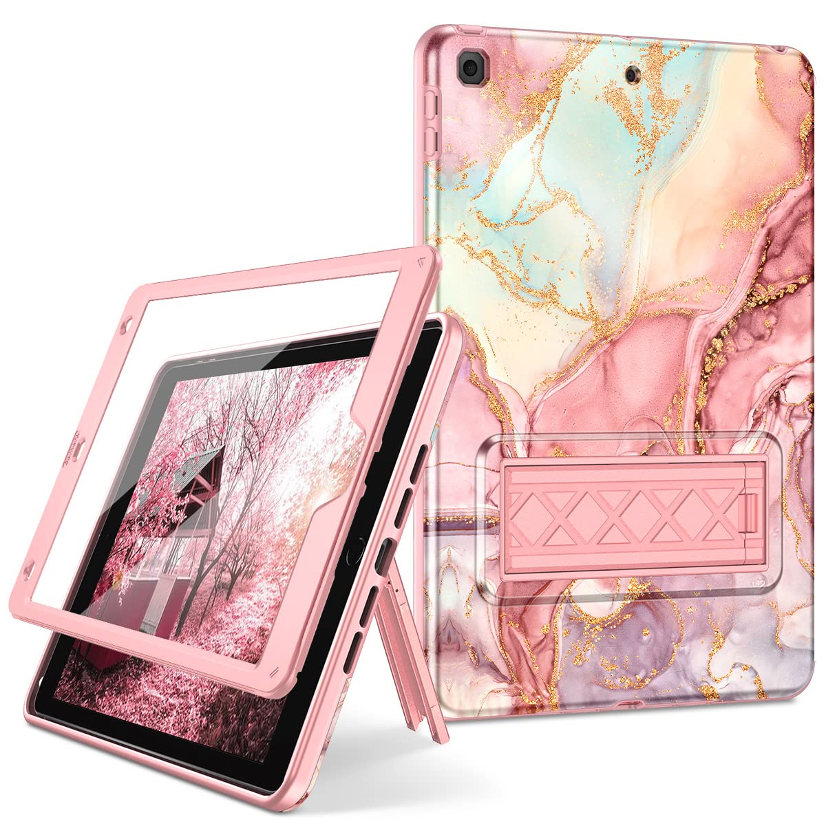 Btscase for iPad 9th/8th/7th Generation, iPad 10.2 (2021/2020/2019) Case, Built-in Screen Protector and Kickstand Dual Layer Full-Body Heavy Duty Shockproof Drop Protective Marble Cover, Rose Gold