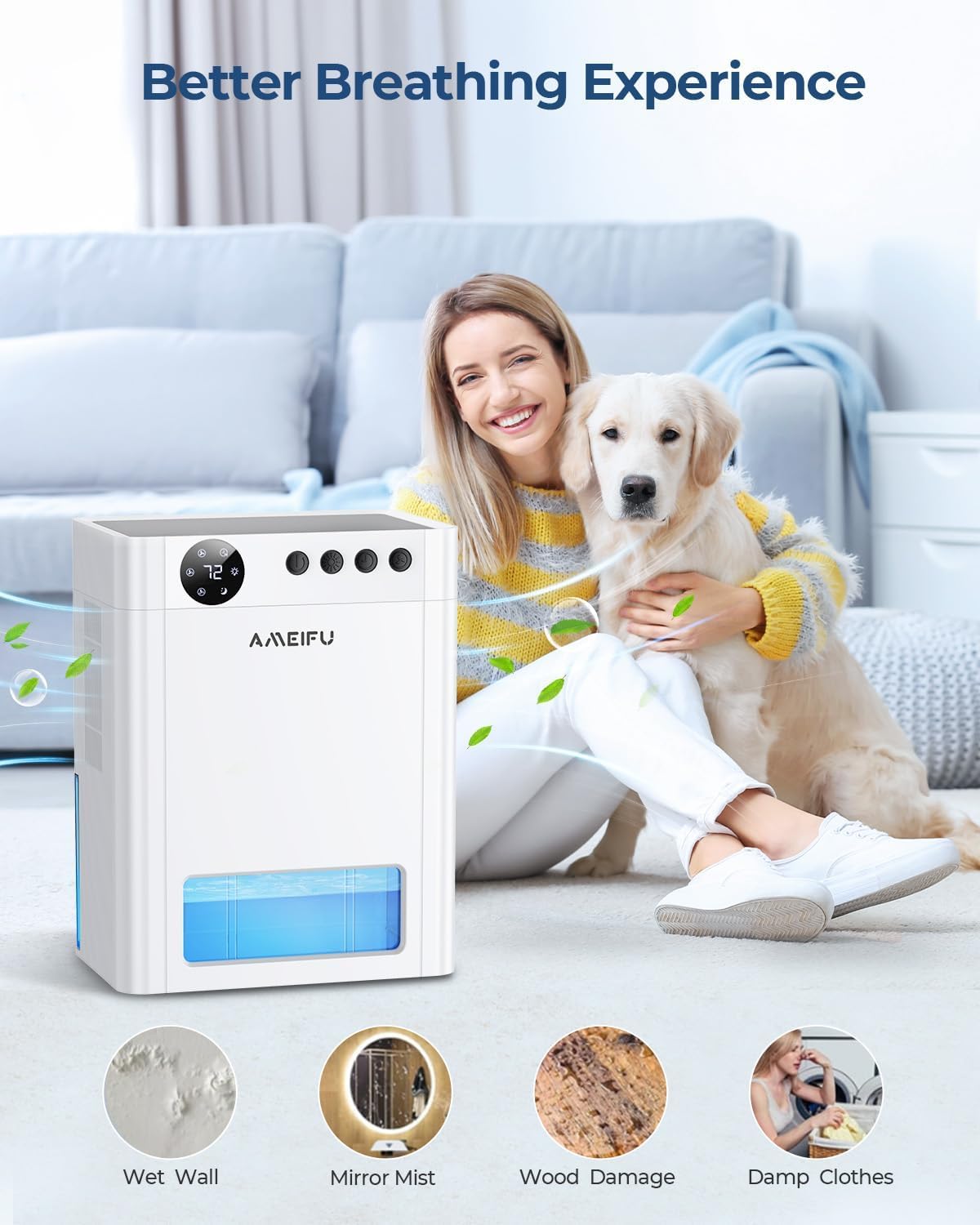 Dehumidifier, AMEIFU Dehumidifier for Basement, 135 OZ Water Tank, (900 sq.ft) Quiet Dehumidifier for Home Bedroom Bathroom RV Closet with Auto Shut Off, Sleep Mode, 7 Colors LED Light, White