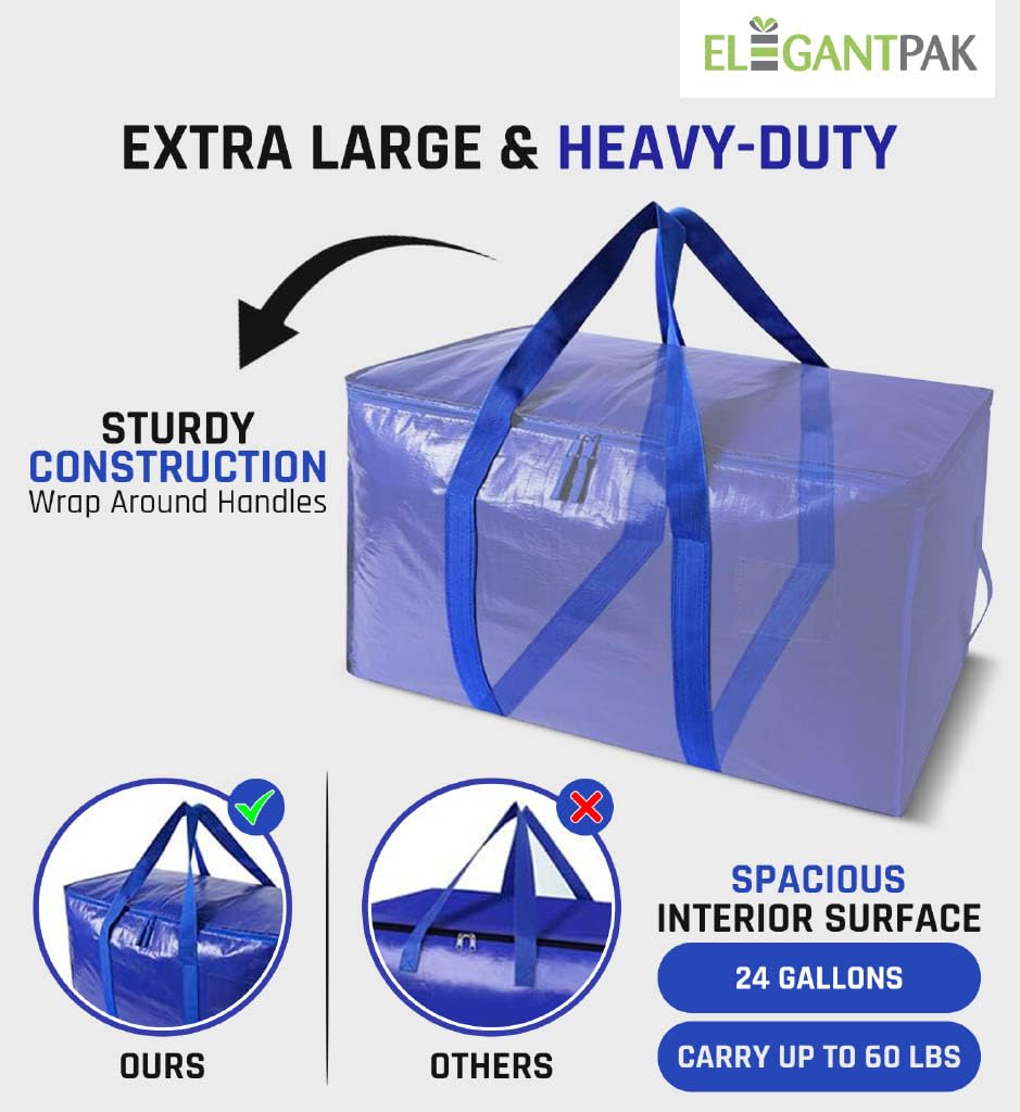 ElegantPak 6 Pack Extra Large Heavy-Duty Moving Bags with Carrying Handles & Zippers, Storage Tote for Space Saving, Folds Flat
