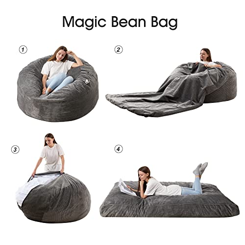 Homguava Corduroy Bean Bag Chair, Variable Shape from Bean Bag to Matress, Convertible Beanbag Chair for Home, Living Room(Grey, Full)