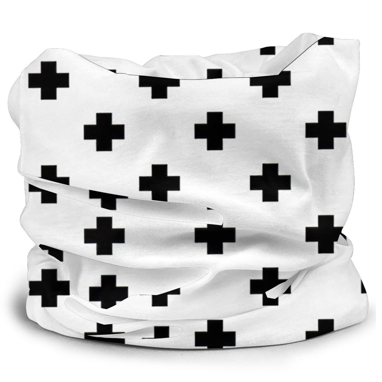 Black and White Swiss Cross Pattern Face Mask Neck Gaiter Bandana Warmer Lightweight Balaclava Black