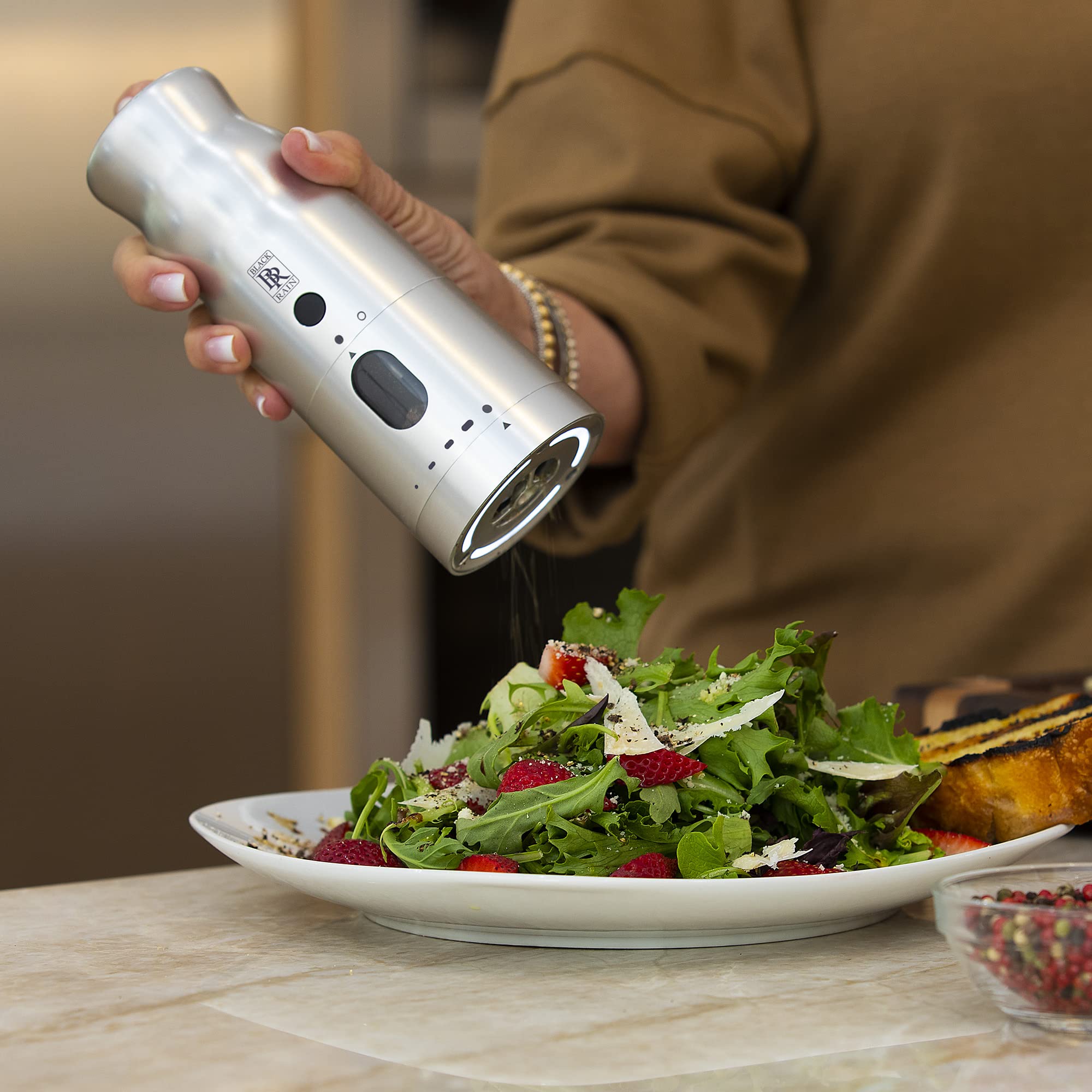 BLACK RAIN Pepper Mill Grinder - High Pepper Volume Automatic Peppercorn Grinder w/Built-in LED Lighting - Sturdy Aluminum Electric Pepper Grinder w/Rechargeable Lithium Battery (Matte Black)