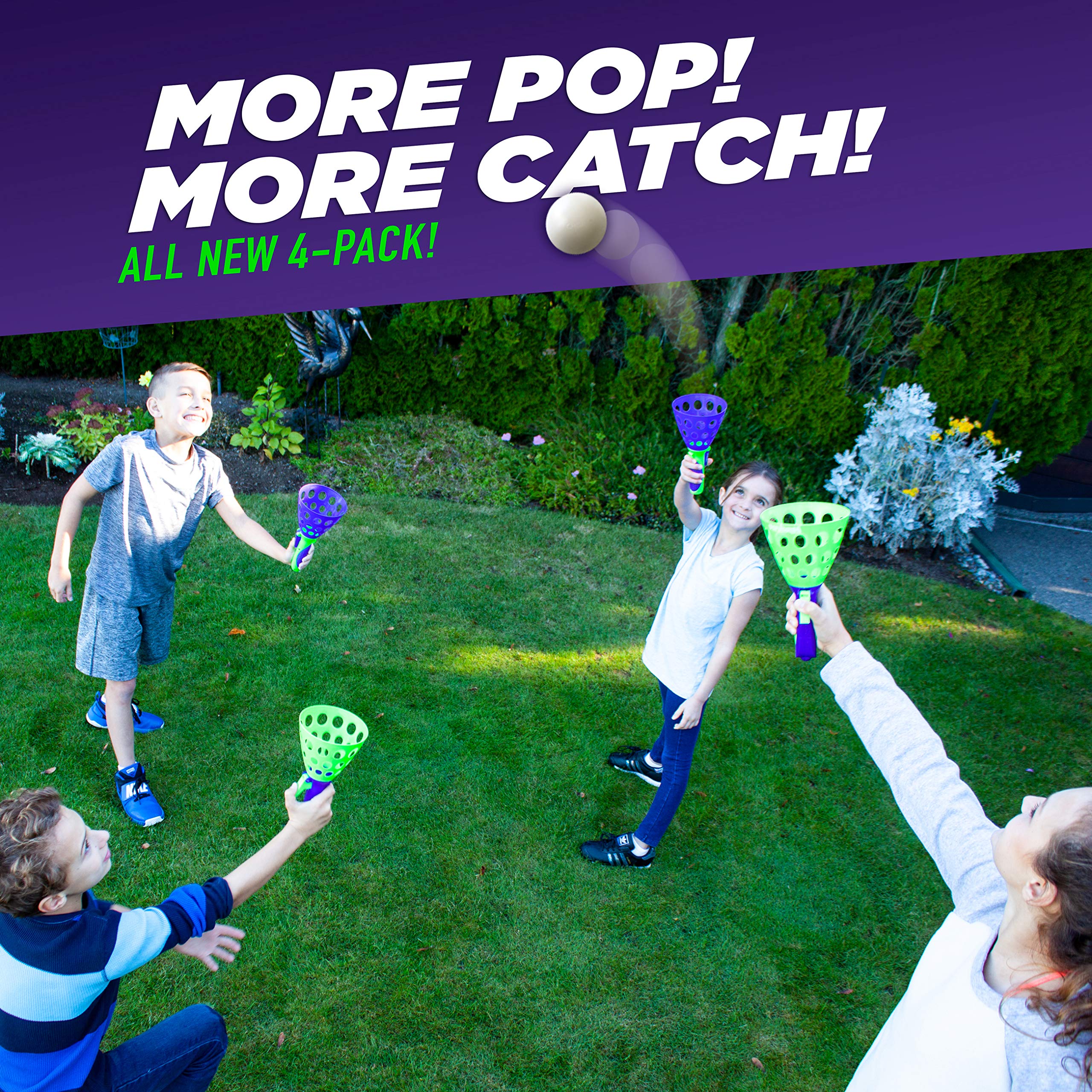 Geospace Original Pop 'N Catch Game 2-Pack (Set of 4 Launchers & 4 Balls) for Indoor/Outdoor Play - Great for Parties, Beach and Rainy Days
