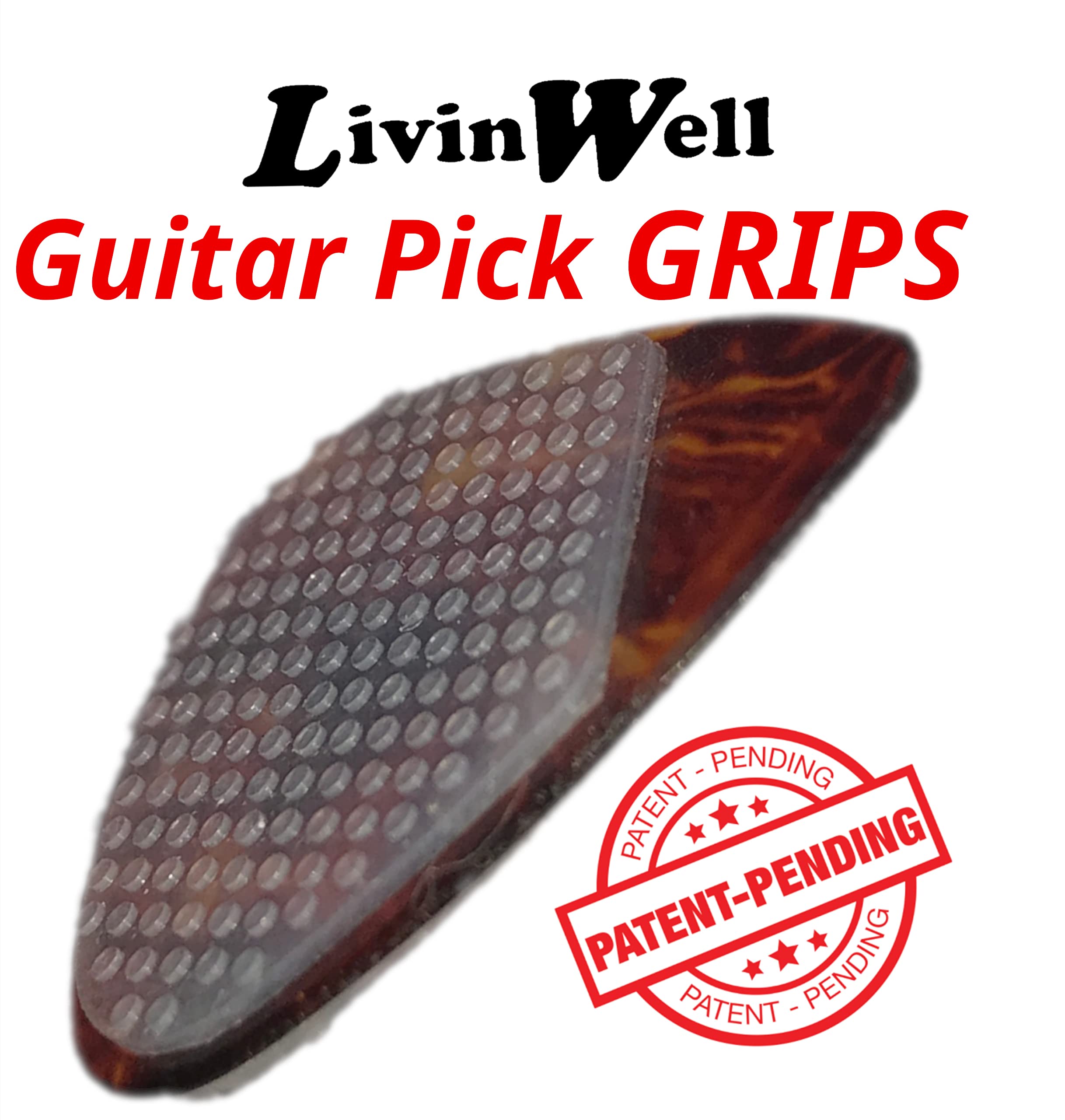 LivinWell Guitar Pick Grips (16 pcs) Soft Grippy non-Sticky Reusable Trimmable Silicone Rubber (ORIGINAL thicker 0.8 mm)