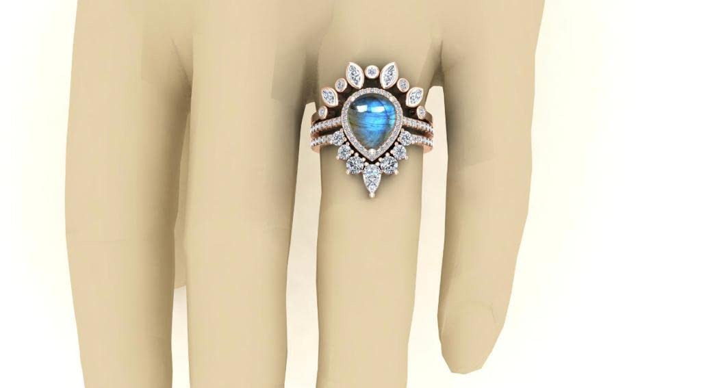 Blue Fire Cab Stone Natural Labradorite Engagement Ring Set, Antique 3Pcs Wedding Bridal Ring Set,Vintage Halo Ring Set, Teardrop Stone Ring