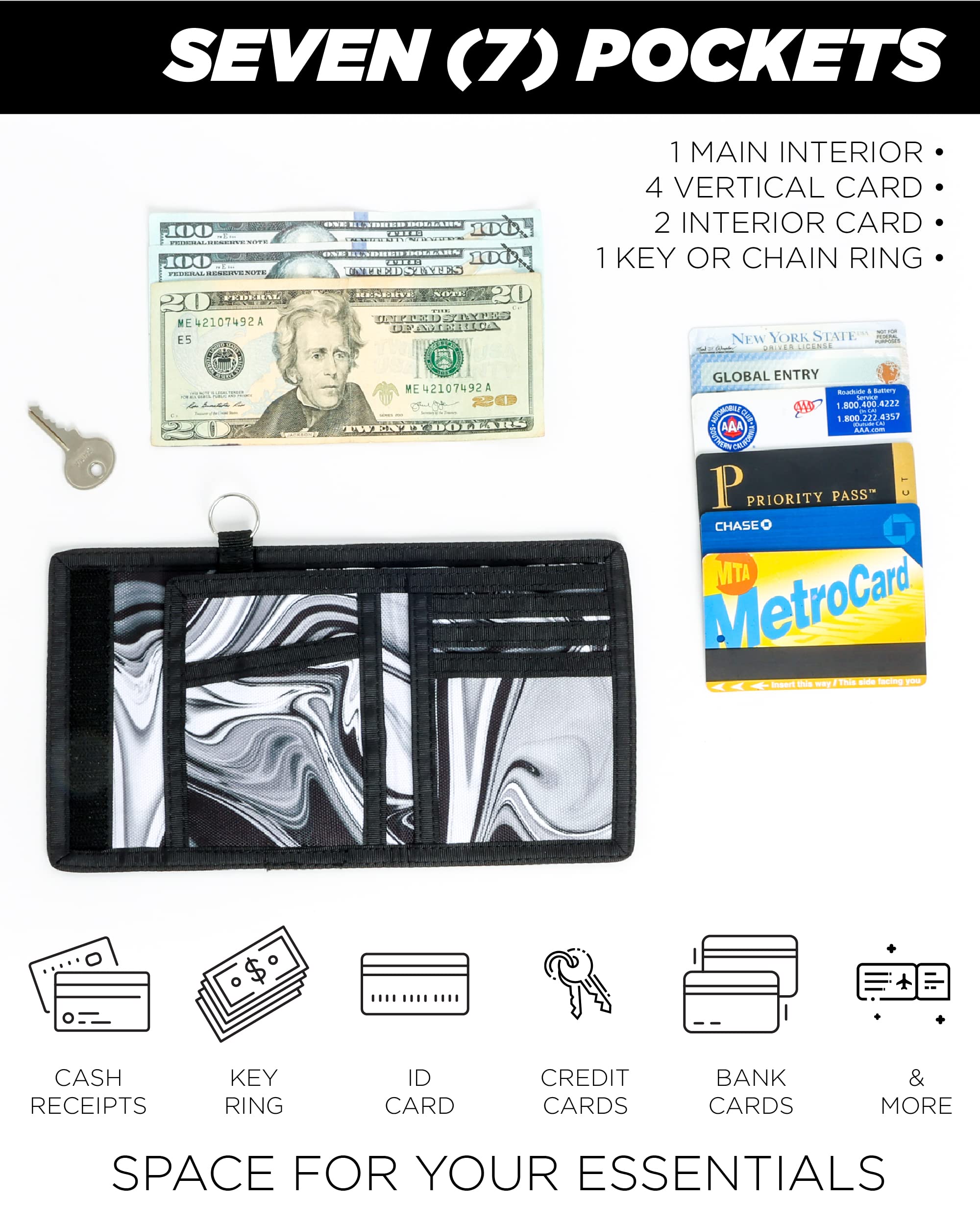 Fydelity 80's RFID Blocking Wallet - Mens and Women's RFID Wallet for Cards and Cash Bifold Hook & Loop Wallet Retro Wallets Men Women, Girls and Boys Wallet BLACK SLICK
