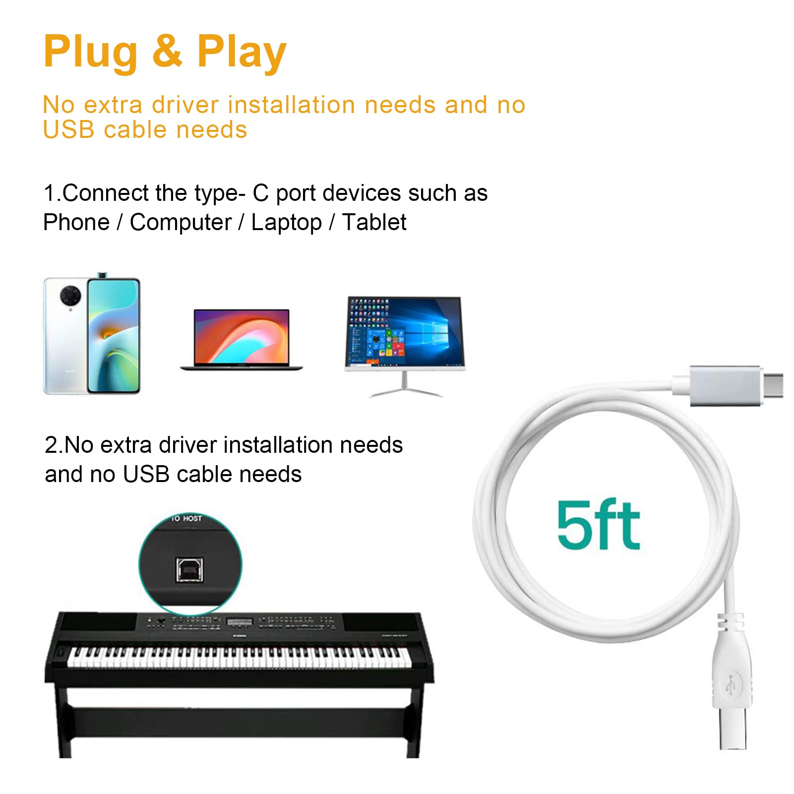 BUFFRIG 5FT USB C MIDI Cable, Type C to USB 2.0 MIDI Interface Cable for Samsung, Huawei Laptop, MacBook to Connect with Printer, Audio Interface, Midi Controller, Midi Keyboard and More