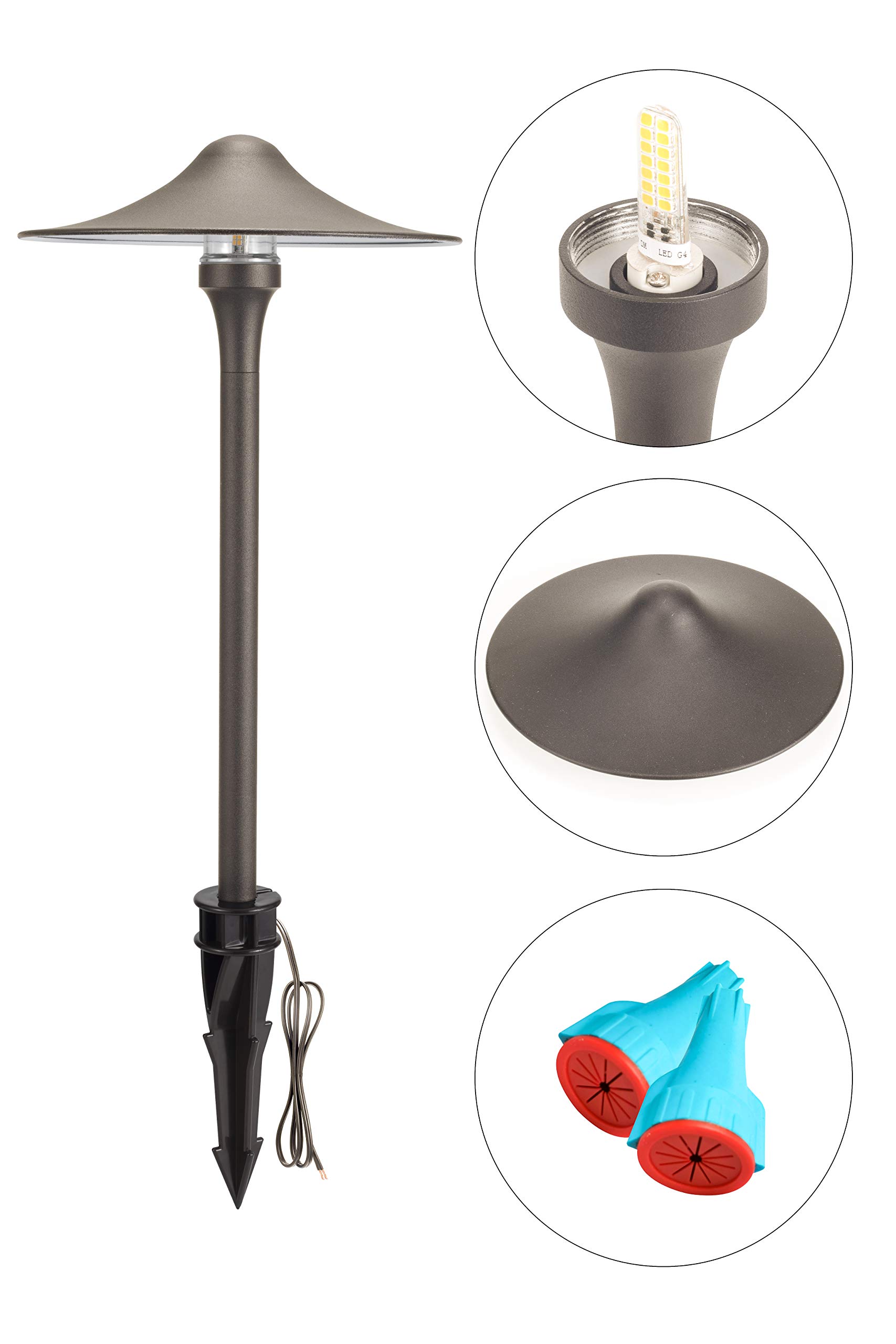LIT-PaTH LED Landscape Pathway Light, 12V Low Voltage, 2W 170 Lumens, for Outdoor Yard Lawn, Die-cast Aluminum, Water-Proof, Bronze Finish-3000K, Large Cap, 2-Pack