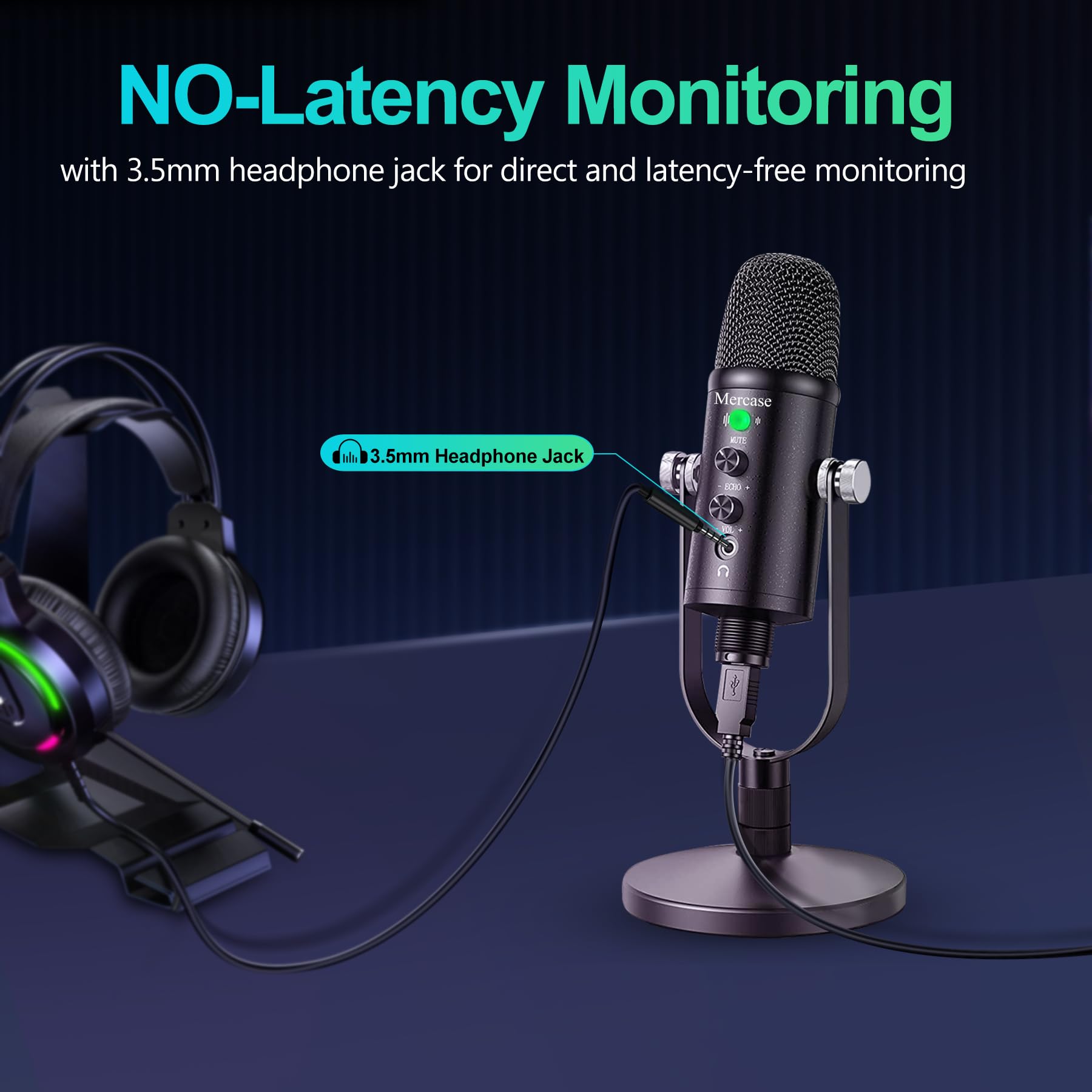 Mercase USB Condenser Microphone for Podcasting, Streaming, Recording on Phone, PC, Mac, PS4/PS5,Plug & Play, Quick Mute, with Adjustable Boom Arm Stand