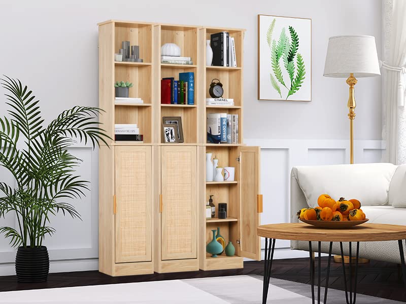FUQARHY 65'' Tall Bathroom Storage Cabinet Organizer Wood Slim Floor Freestanding Cabinet Linen Tower with Door & 6 Shelves, w/Adjustable Shelves for Home, Bathroom, Kitchen (Natural)