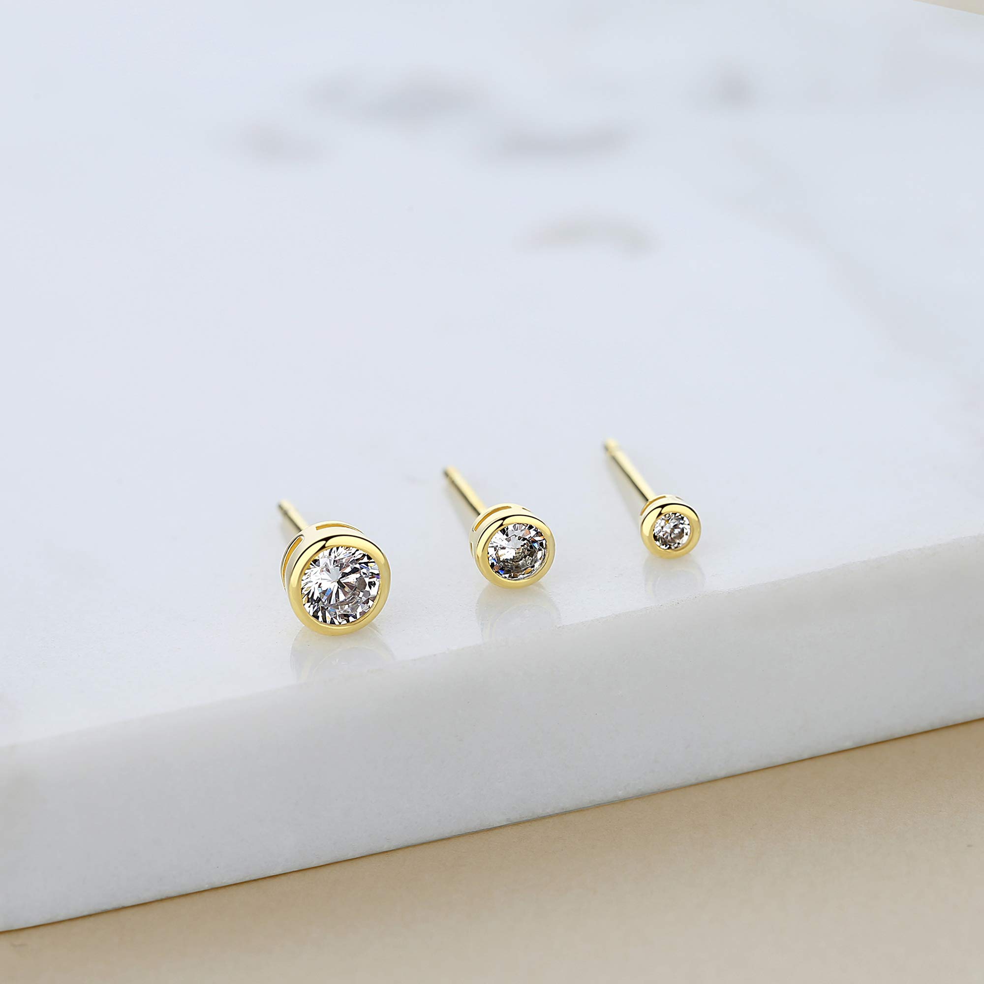 Lavishe 14K Gold Plated 925 Sterling Silver Cubic Zirconia Round Bezel Set Stud Earrings, 3mm Stone