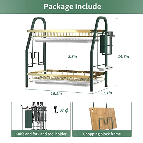 Boiarc Dish Drying Rack for Kitchen Counter, 2 Tier Large Dish Rack & Drainboard Set, Kitchen Dish Drainer Organizer with Utensil Holder & Cutting Board Holder (Gold & Green)