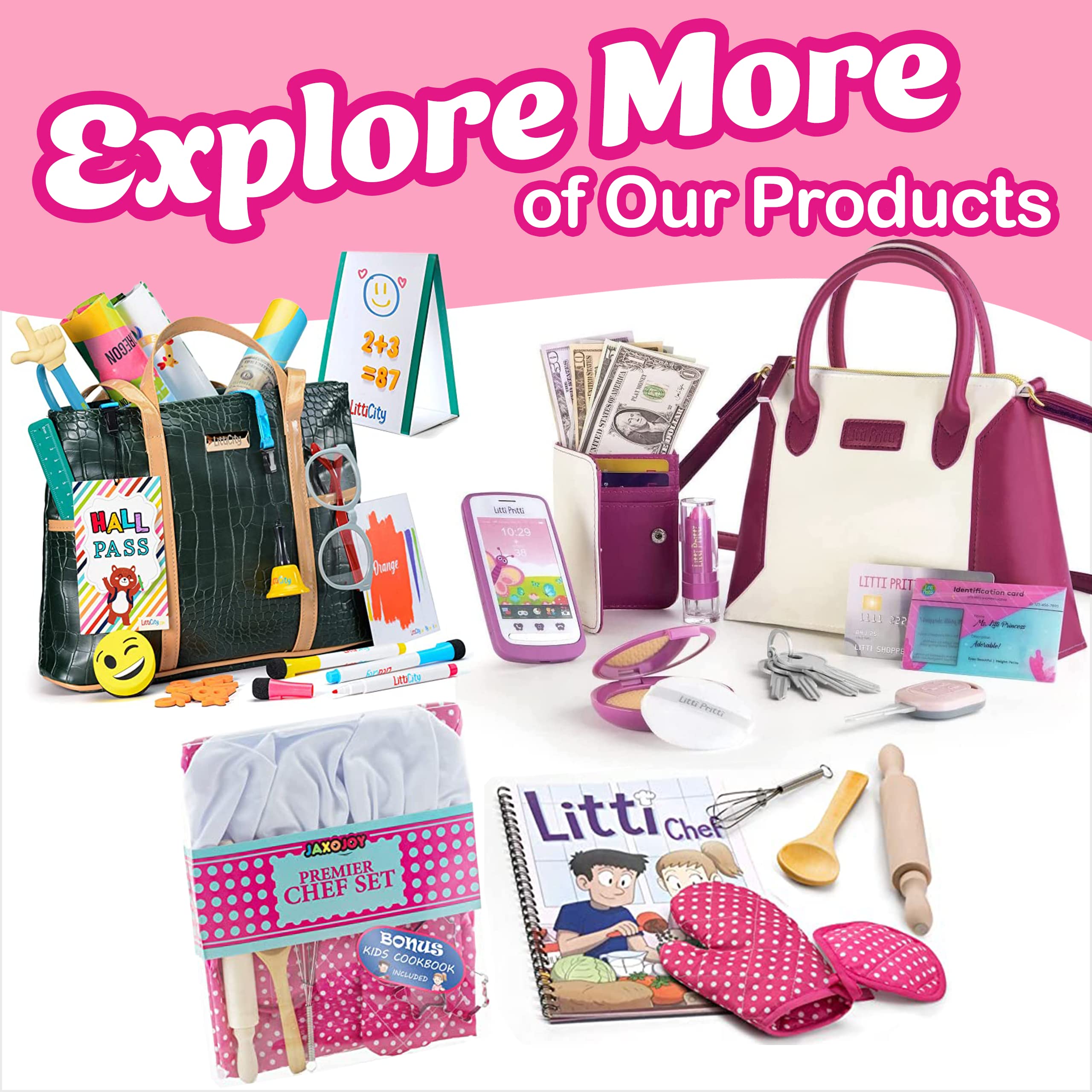 Litti Pritti Baby Doll Accessories Set - 9-Piece Diaper Bag Playset with Baby Doll Diapers, Magic Bottle, Silicone Bib, Wipes, Teether, Changing Pad, and More - Baby Doll Stuff for Ages 3-8 Years