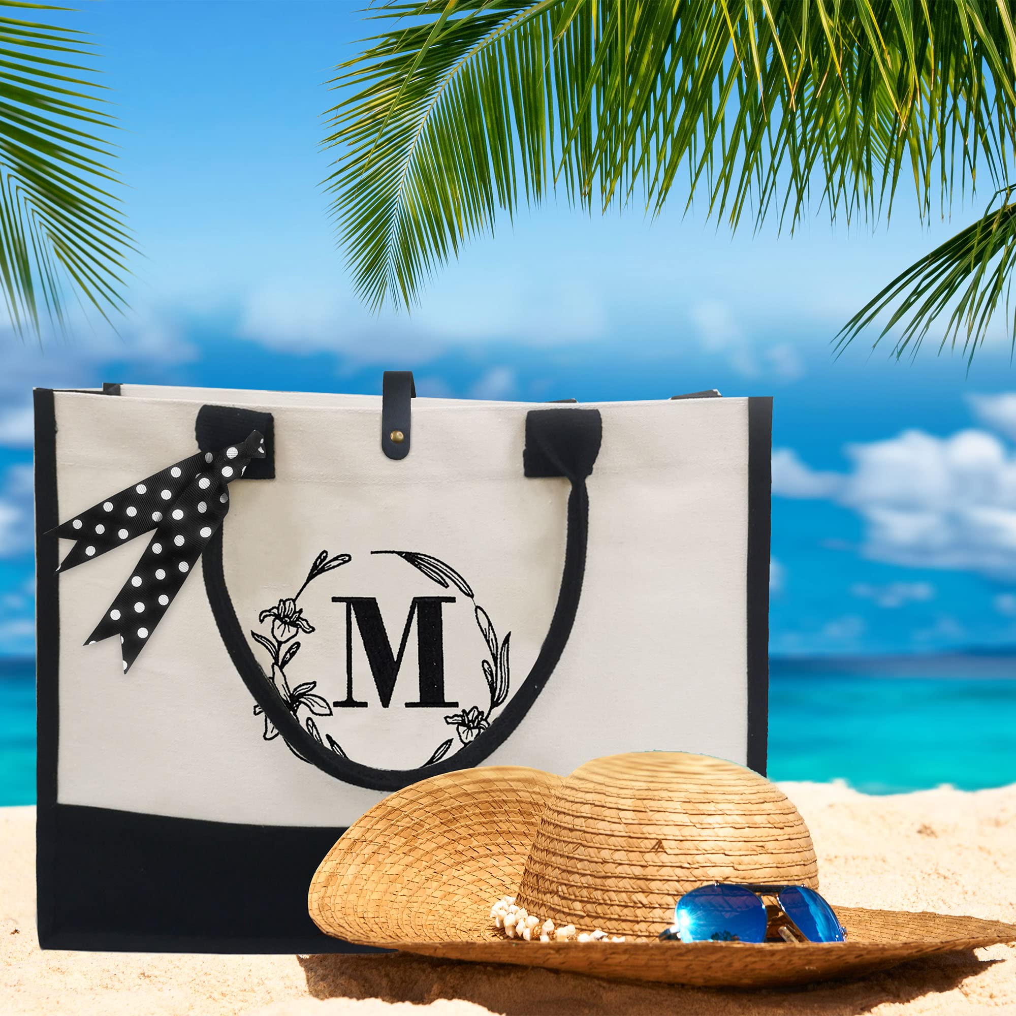 BeeGreen Personalized Gifts for Friends Female Sisters Initial Tote Bag for Women with Makeup Bag Canvas Beach Tote Bag (Letter D), Black and White-d