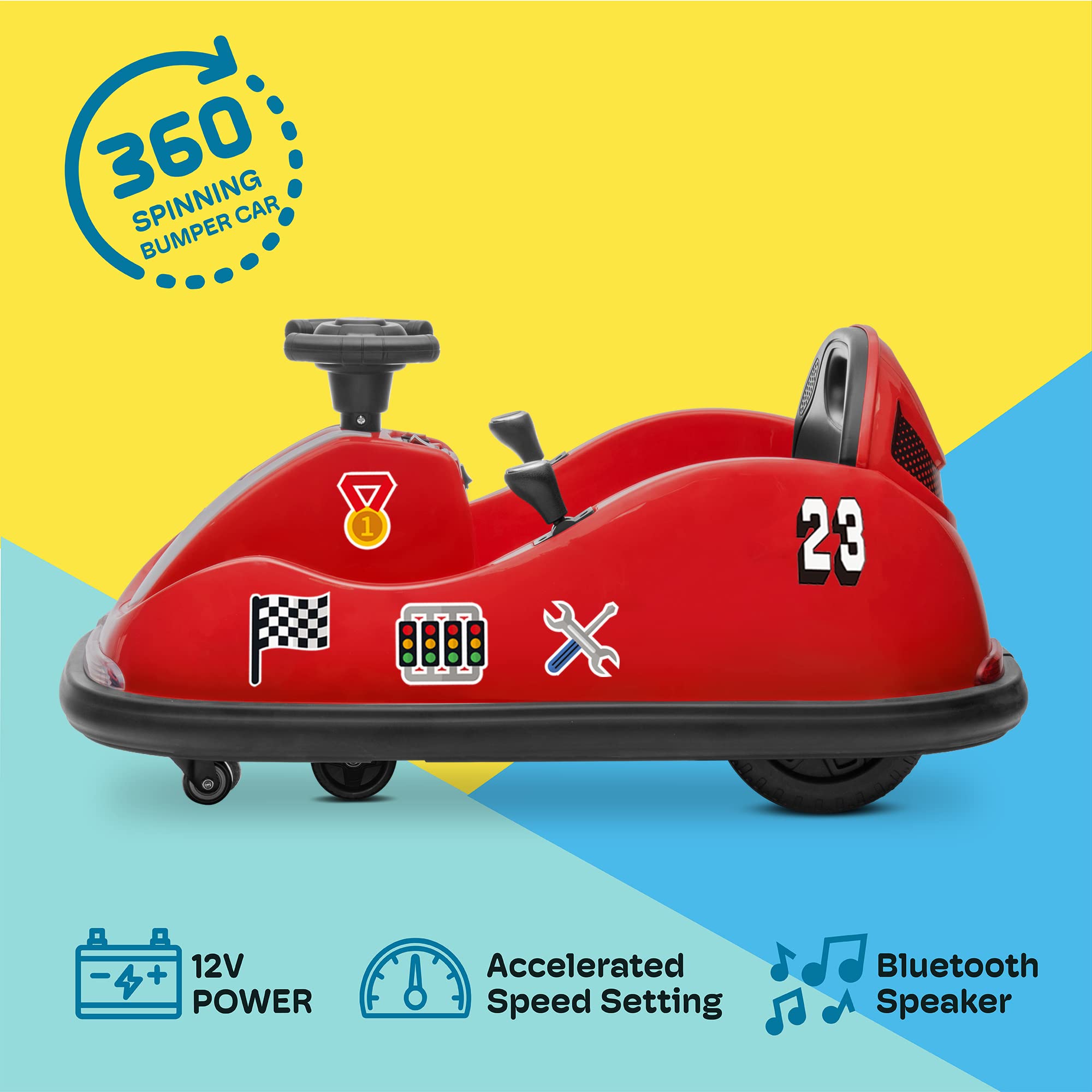 Kidzone 12V 2 Driving Mode (Steering Wheel/Joystick) Ride On Bumper Car for Kids & Toddlers 1.5-6 Year Old DIY Sticker Baby Bumping Toy Gifts W/Remote Control LED Lights, 360 Degree Spin