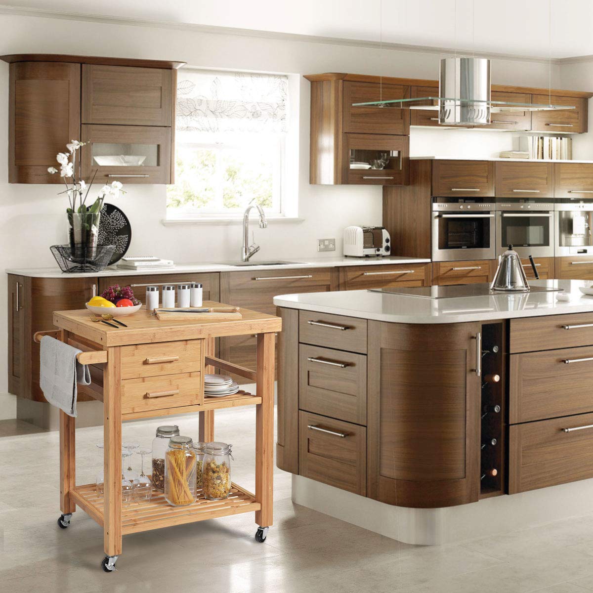 Giantex Kitchen Island, Bamboo Island Cart, Kitchen Trolley Cart on Wheels, Rolling Kitchen Cart, 2 Drawers, Towel Rack, Casters with Lock (Natural)