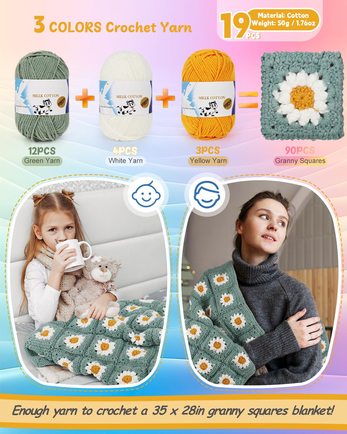 Coopay Crochet Kit Beginners for Blanket, Granny Squares Crochet Blanket Kit with Instructions & Enough Yarn, Complete Crochet Starter Kit Easy Learn to Crochet Blanket Kit for Beginners Adults
