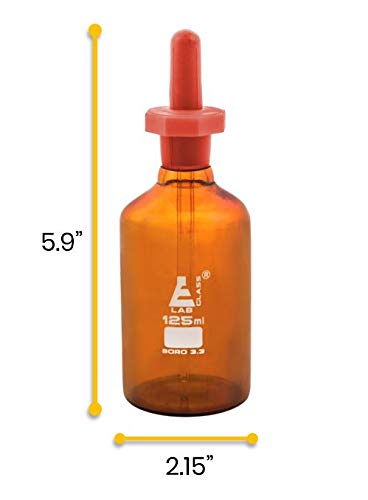 EISCO Dropping Bottle, 125ml (4.2oz) - Amber Borosilicate 3.3 Glass - Eye Dropper Pipette and Dust Proof Rubber Bulb - Octagonal, Non-Screw Top