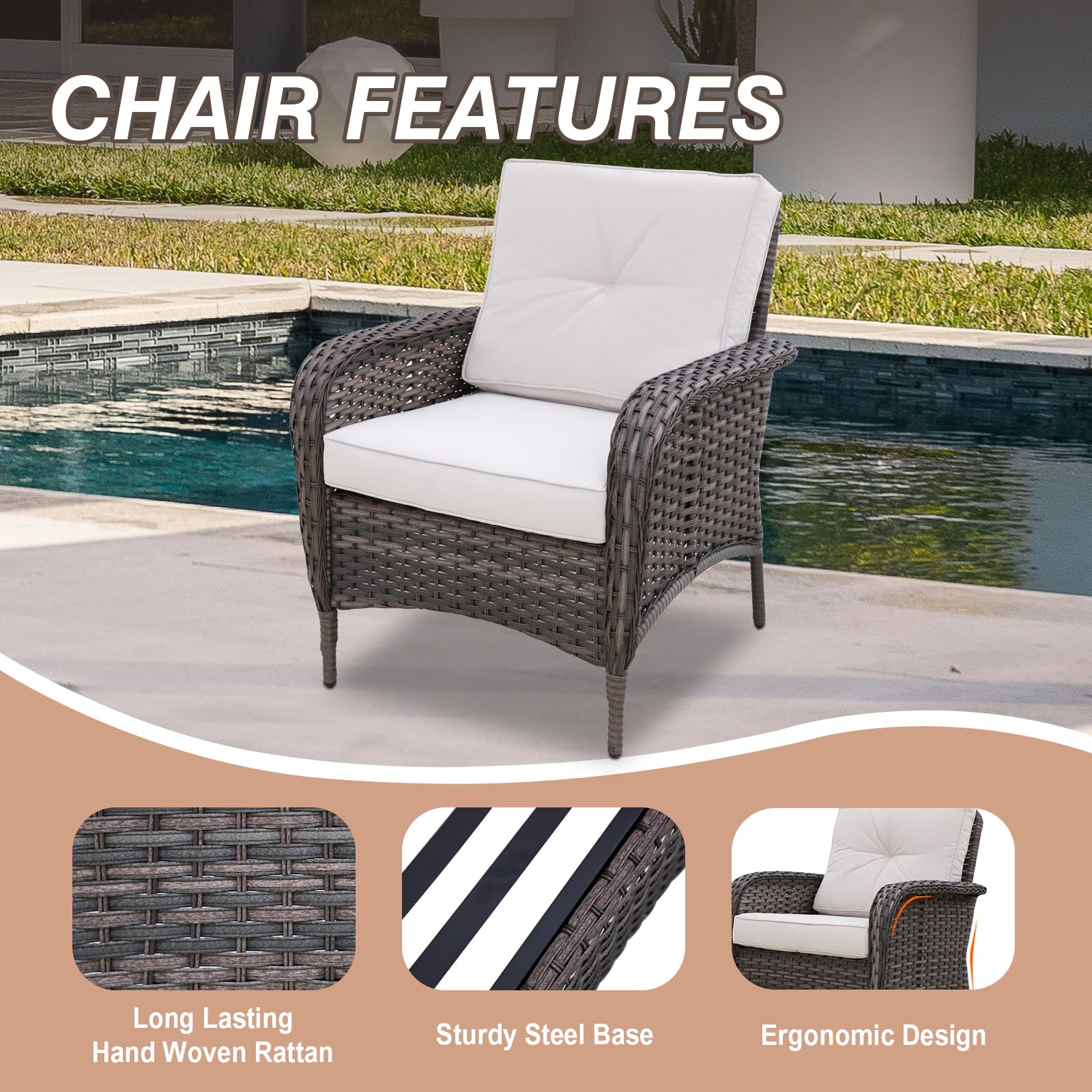 COOS BAY 2-Piece Outdoor Wicker Patio Chair, 2pc PE Rattan Dining Chairs for Garden, Lawn, Deck, Backyard, Beige/Brown