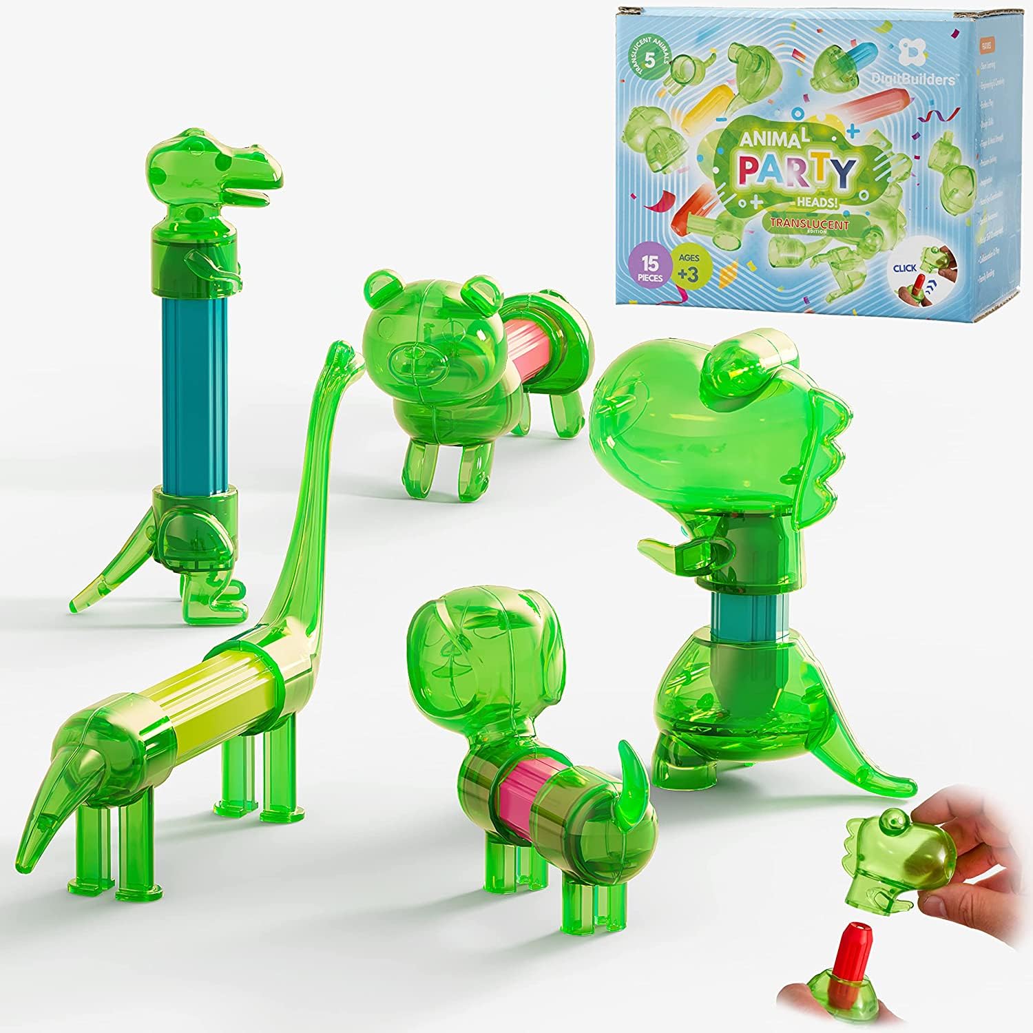 BrainSpark Clear Magnetic Animals Green Smart Magnet Building Set, Mix and Match Jungle Fidget Stem Toy, 15 Pieces