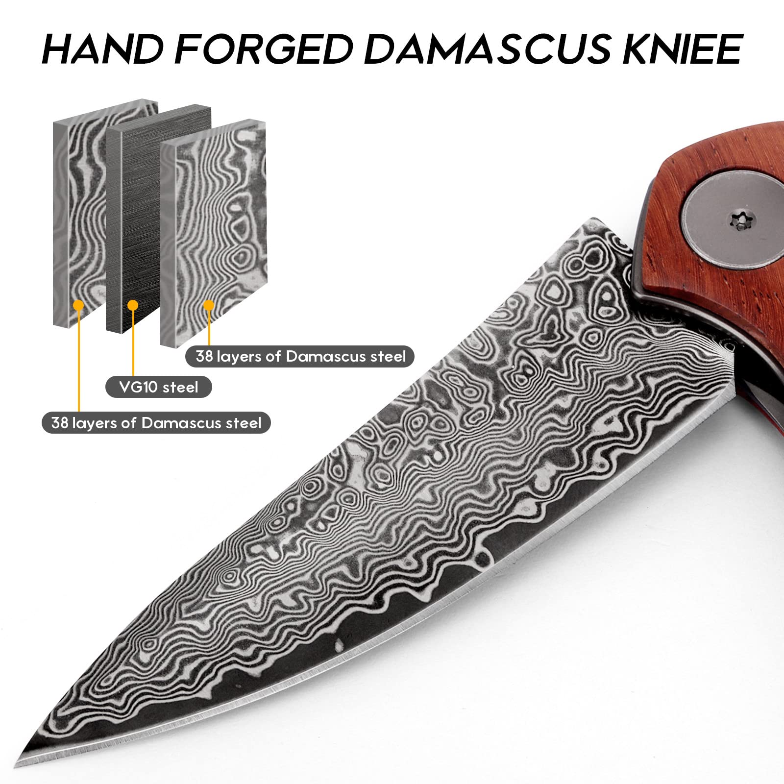 Benkey VG10 Damascus Pocket Knife with Clip Leather Sheath and Abalone Seashells Folding Hunting Knife Bundles