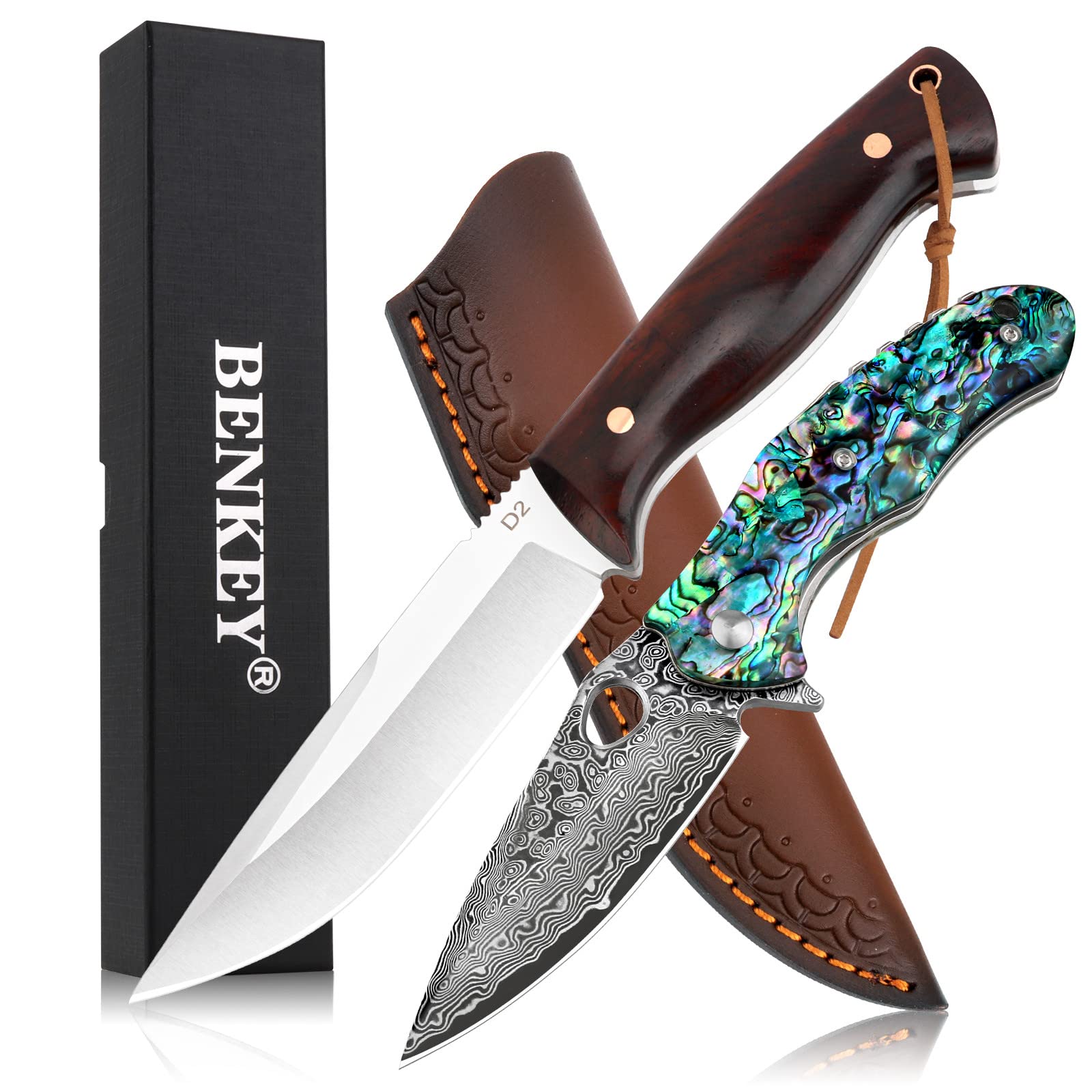 Benkey VG10 Damascus Natural Abalone Seashells Pocket Knife with Clip Leather Sheath and Fixed Blade Hunting Knife Bundles