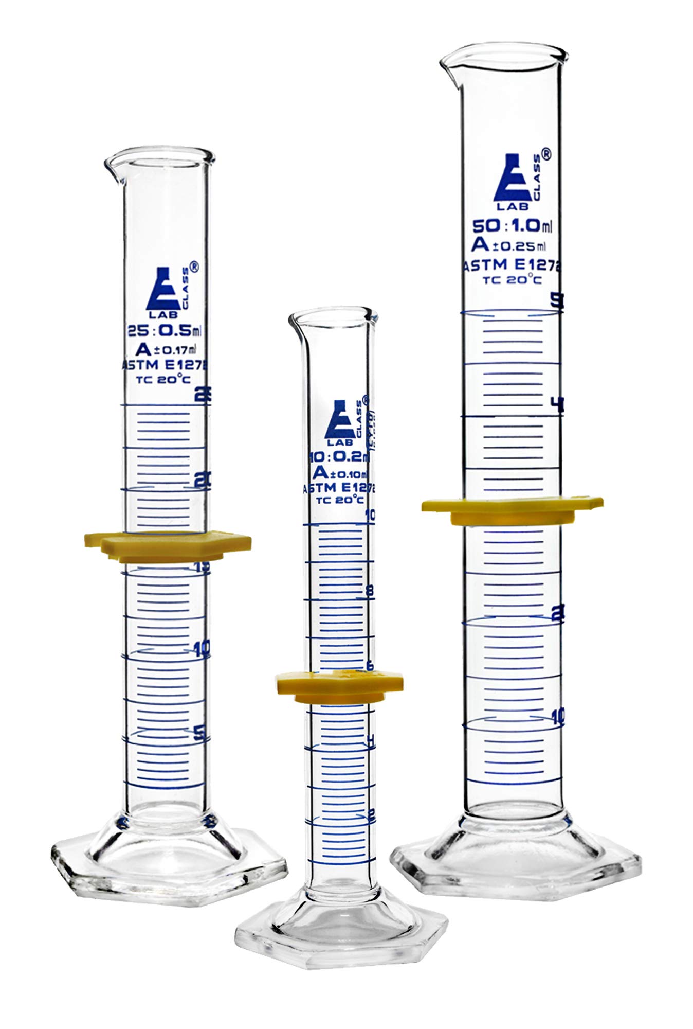 EISCO Premium Graduated Cylinder Set - 10mL, 25mL & 50mL - ASTM, Class A - Protective Collars, Hexagonal Base - Blue Graduations - Borosilicate 3.3 Glass