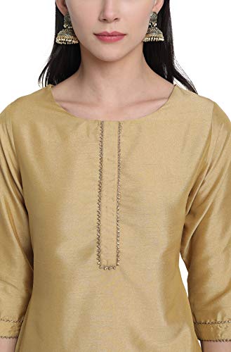 Janasya Gold Gota Patti Poly Silk Straight Kurta Set With Dupatta