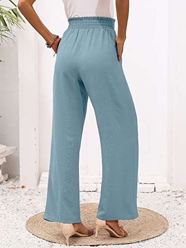 Heymoments Women's Wide Leg Lounge Pants with Pockets Blue Gray Medium Lightweight High Waisted Adjustable Tie Knot Loose Comfy Casual Trousers