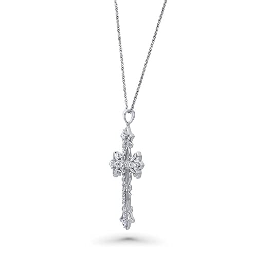 BERRICLE Sterling Silver Cross Cubic Zirconia CZ Milgrain Pendant Necklace for Women, Rhodium Plated