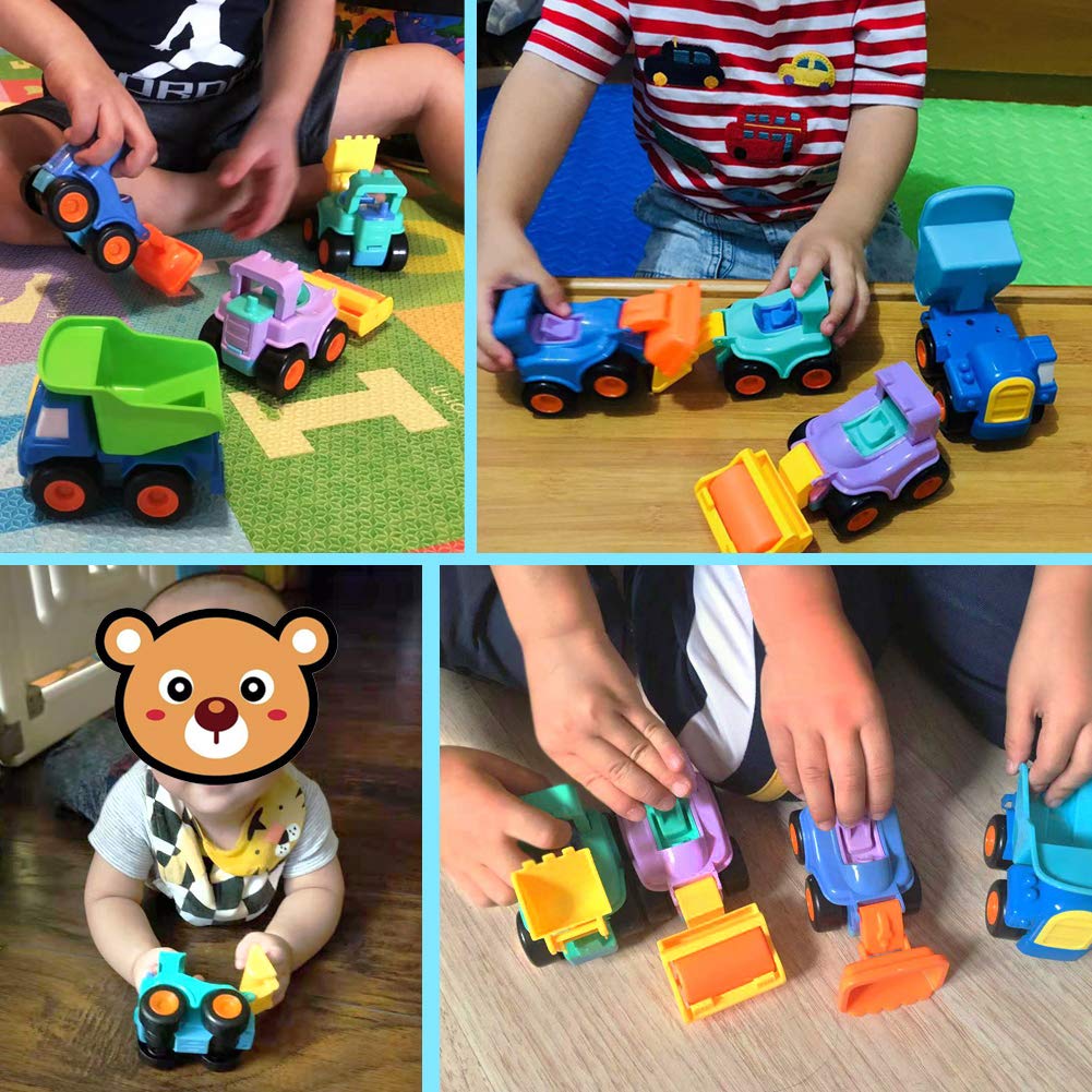 Beestech Toy Cars for 2 3 4 5 Year Old Boys Girls Toddlers, Friction Powered Construction Truck Toys, Pull Back and Go Vehicles with Dumper Road Roller Bulldozer Excavator 4 Pack Gift
