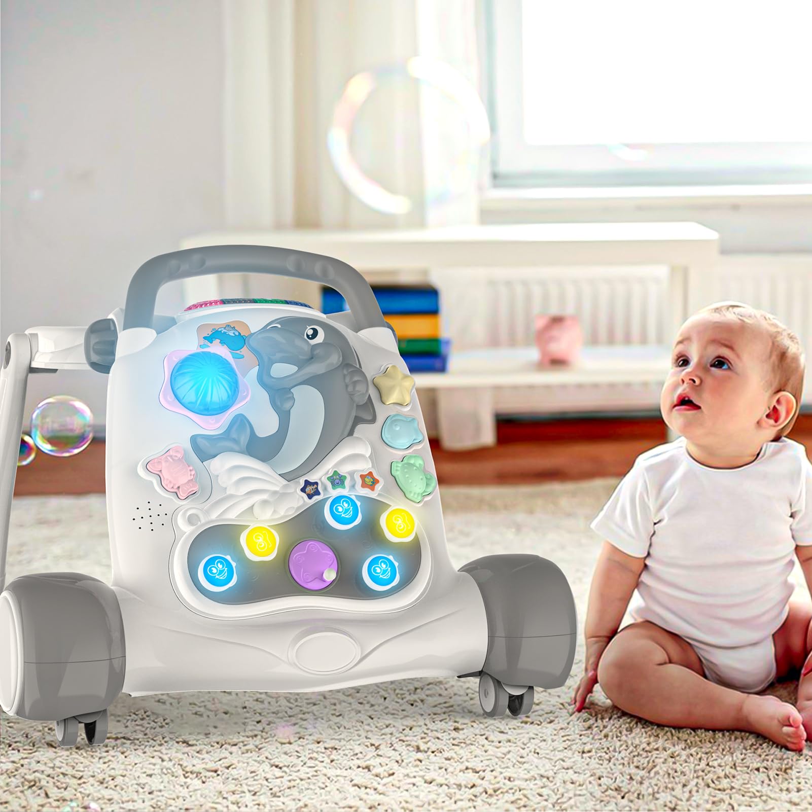 Baby Walker with Wheels, 2-in-1 Activity Walker Learning-Seated, Walk-Behind, Rich music game panel, Adjustable Height & Speed, Foldable Baby Walker for Boys and Girls from 6-18 Months with Footrest