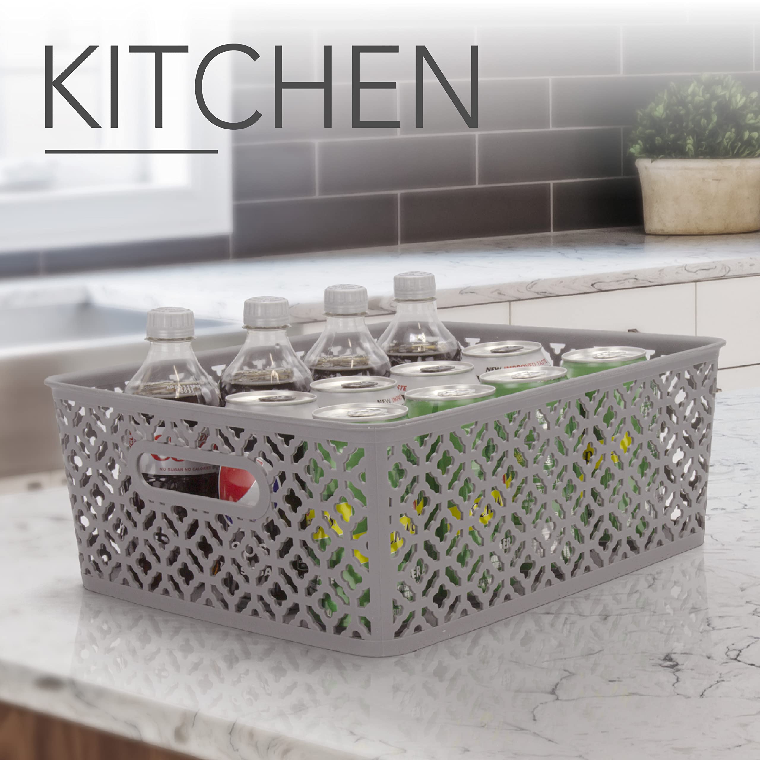BROOKSTONE - 2 Pack Large Storage Baskets with Handles, Decorative Woven Pattern, Versatile and Stylish Organizers for Home, BPA Free Plastic Bins