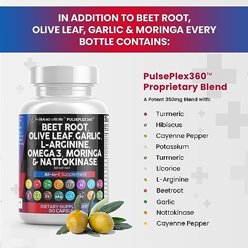 Beet Root Capsules 6000mg Olive Leaf 6000mg Nattokinase 4000 FU Garlic Extract 2000mg L-Arginine 400mg Omega 3 Red Yeast Rice Hibiscus Danshen - Healthy Support Supplement - 90 Ct