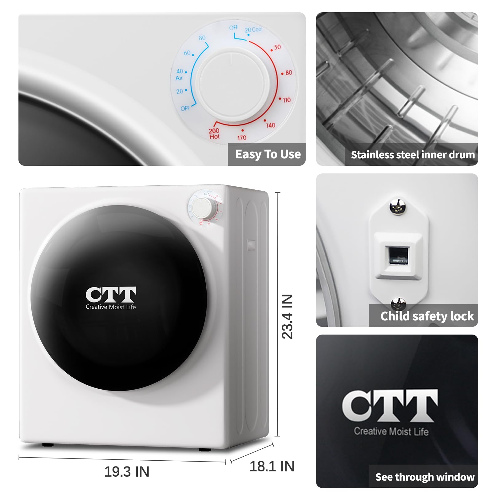 CTT Compact Dryer 2.0 cu.ft. Portable Clothes Dryers with Stainless Steel Liner Small Dryer Machine, Suitable for Apartments, Dorm, RVs, 110V