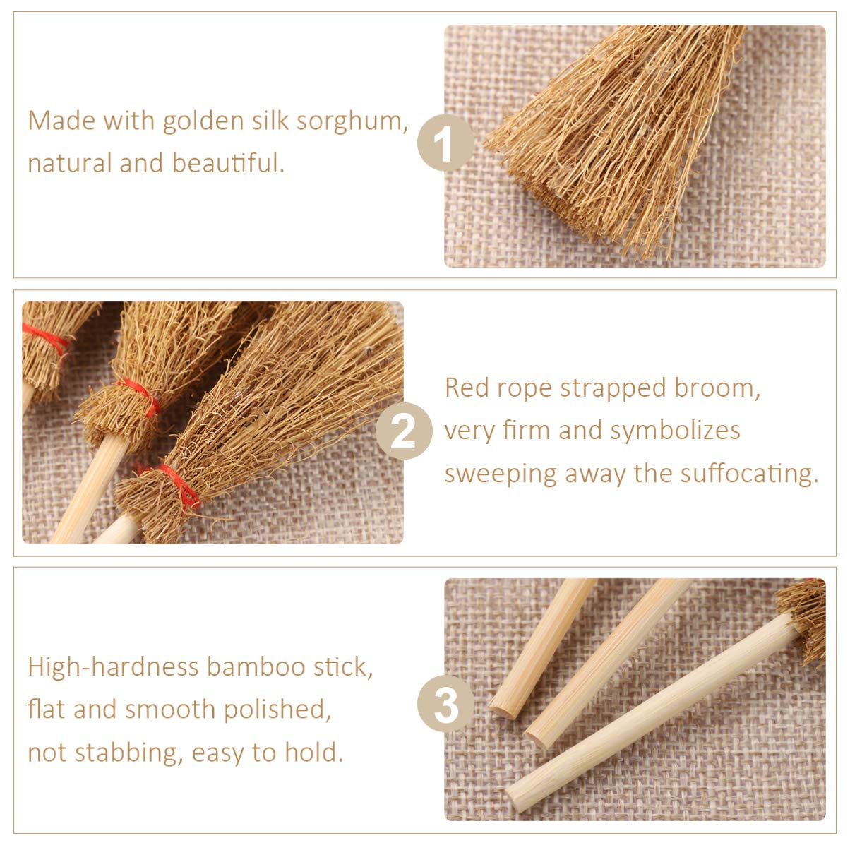 SEWACC 12pcs Mini Broom Decoration Miniature Artificial Straw Brooms Hanging Ornament Halloween Straw Craft Decor Witches Broom for Cosplay Party