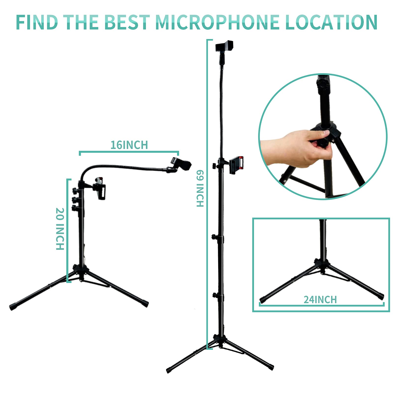 Bulalu Microphone Stand,Mic Stand with Adjustable Height Up To 6 Feet,Gooseneck,Microphone Tripod with Phone Holde With 2 Standard Mic Clips