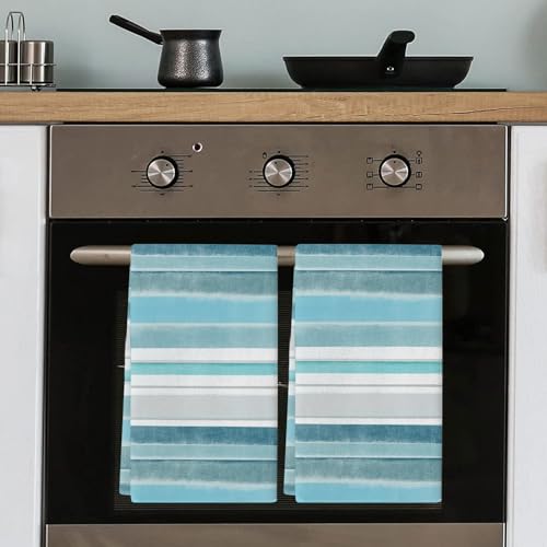 Beisseid Kitchen Dish Towels Aqua Turquoise Stripe Dish Cloth Fingertip Hand Towels Geometric Design Super Absorbent Soft Cotton Tea Towel 4 PCS