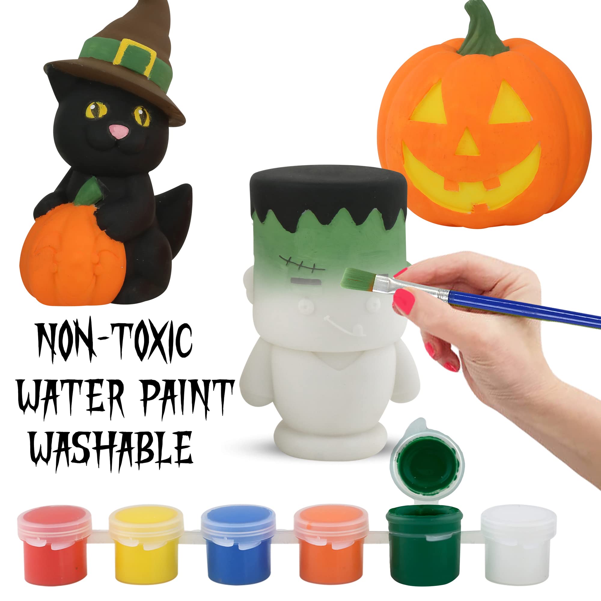 BRASS TACKS KITS FOR CRAFTY KIDS Kid Painting Halloween Craft Puzzle, with 3 Figurines, Paint, Brushes, Background, Spiders, Webs, and Flickering Light