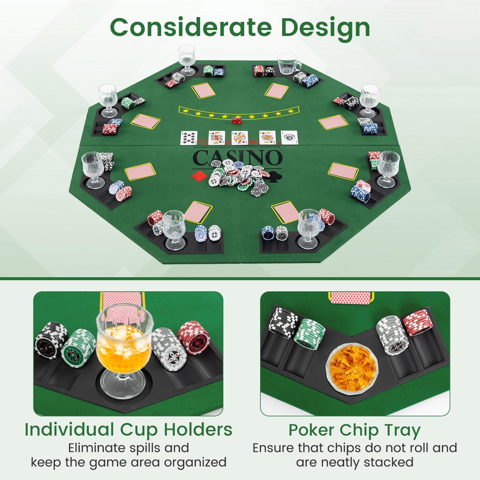 Giantex 48" Poker Table Top, 8 Player Foldable Texas Holdem Poker Mat Layout w/Carrying Bag, Cup Holders, Chip Trays, Portable Anti-Slip Blackjack Octagonal Poker Table Topper for Card Casino Game